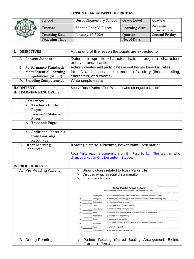 Grade 6 Catch Up Friday Lesson Plan | PDF | Learning | Teachers