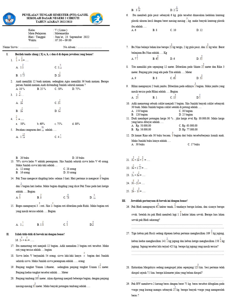 Soal PTS Matematik Kls 5 SMTR 1 | PDF