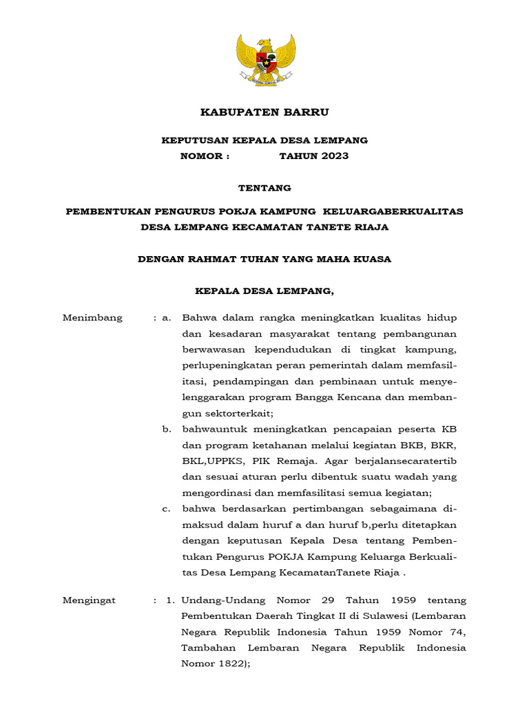 Draf SK Pokja Kampung Keluarga Berkualitas 2023 | PDF