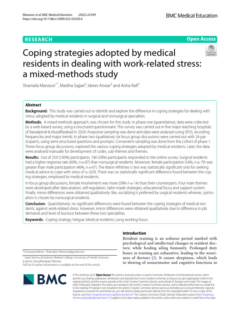 Coping strategies adopted by medical residents in dealing with work ...