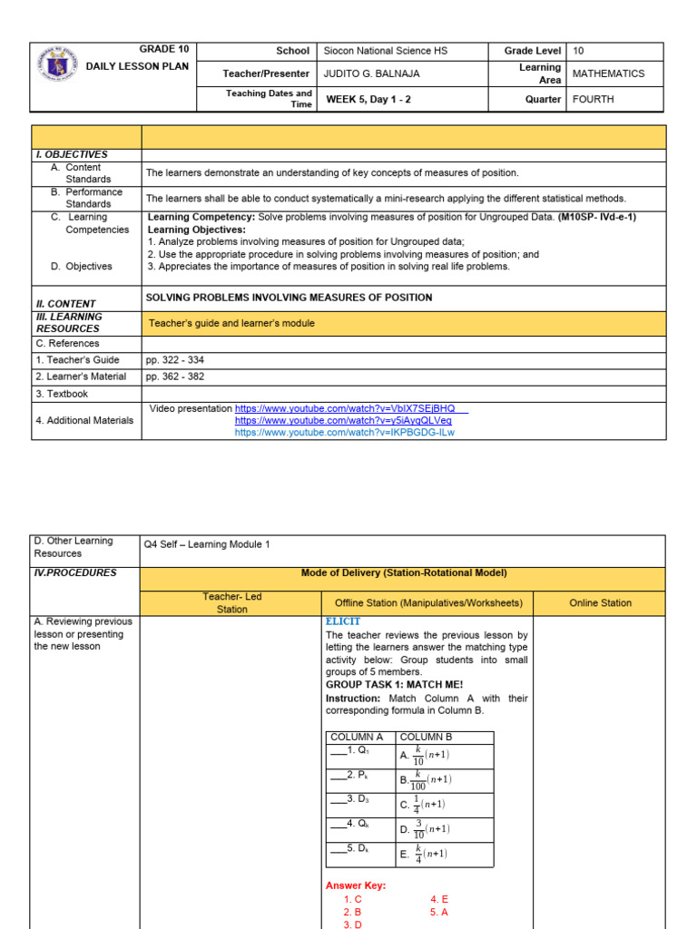 Grade 10 Math Lesson Plan: Measures of Position | PDF | Learning | Teachers