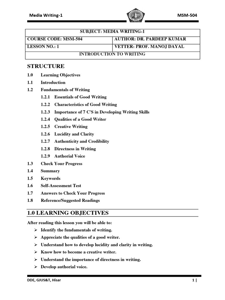 Structure: Media Writing-1 MSM-504 | PDF | Adjective | Writers