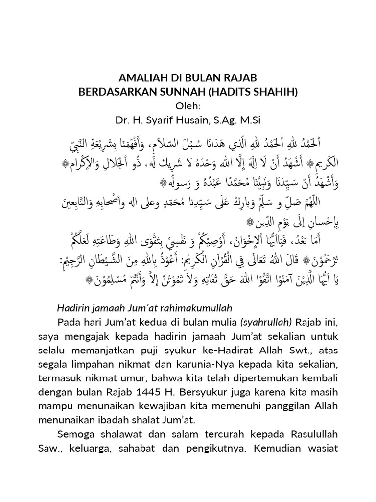 Khutbah Jum'at, Amaliah Di Bulan Rajab Berdasarkan Sunnah (Hadits Shahih) | PDF