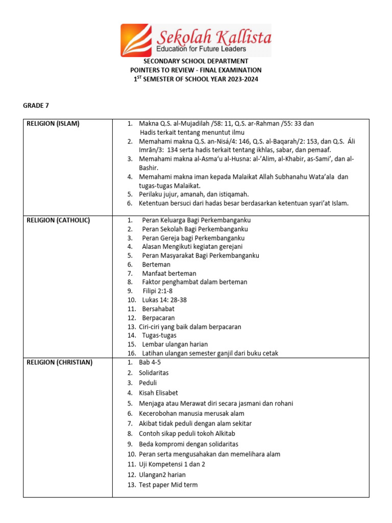 Grade 7 - Pointers - Final Examination - 1st Semester of School Year 2023-2024 | PDF