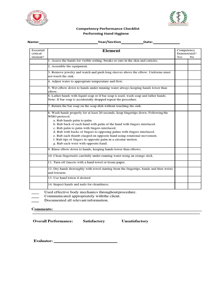 Competency Performance Checklist Handwashing | PDF | Hand Washing | Finger