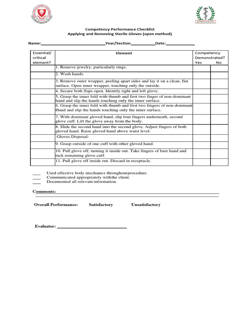 Competency Performance Checklist Applying and Removing Sterile Gloves | PDF