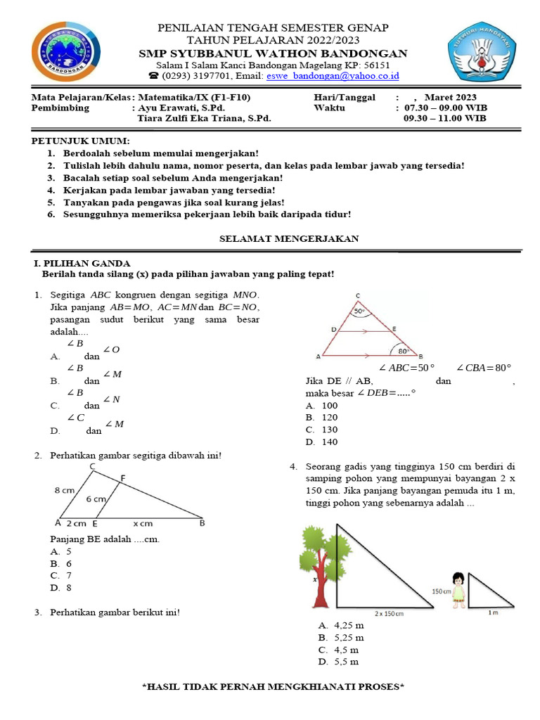 Soal Matematika Kelas IX SMP 2023 | PDF