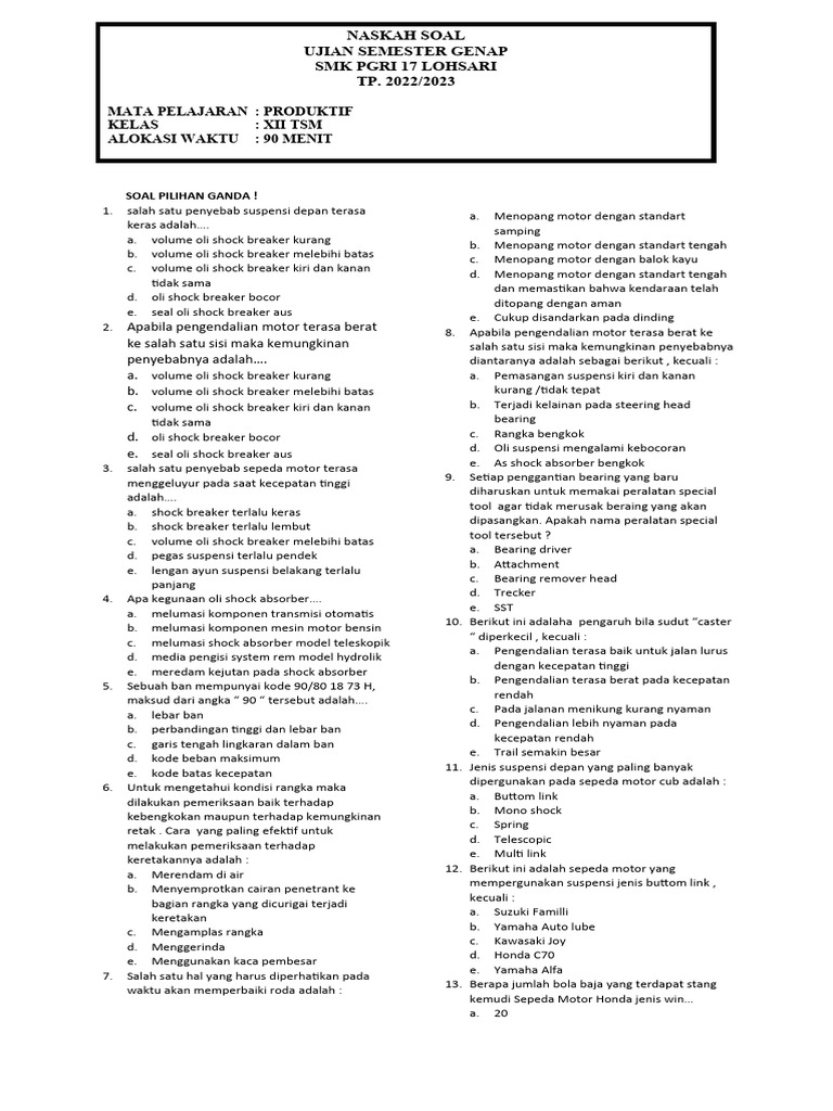 Soal Ujian Produktif Xii TSM Sasis Ready | PDF