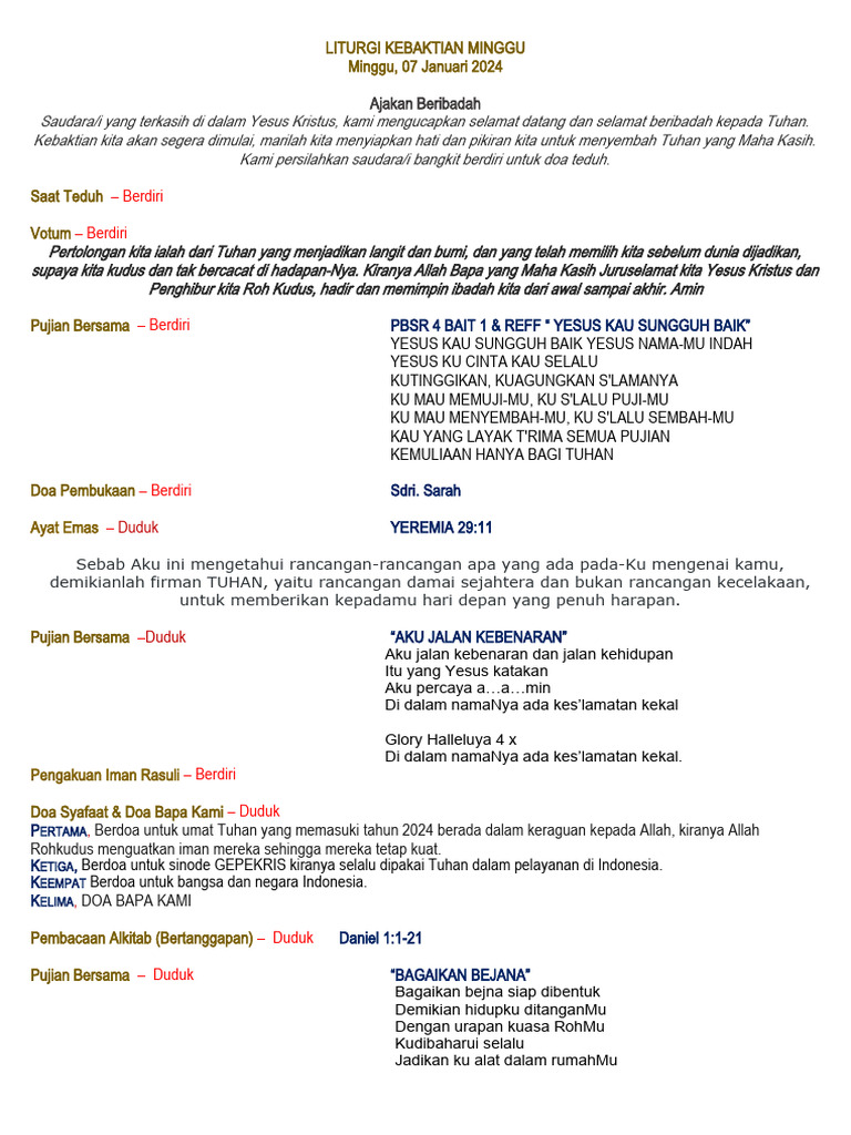 Liturgi Kebaktian Minggu - 07 Januari 2024 | PDF Liturgi Kebaktian Minggu - 07 Januari 2024 | PDF