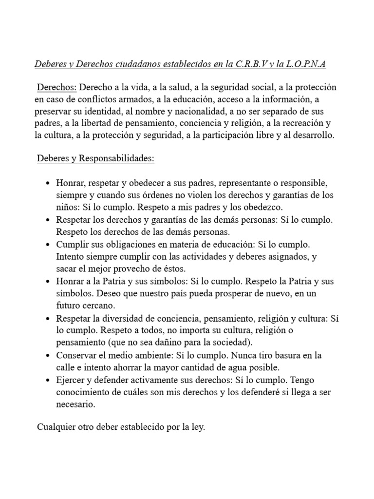 Deberes y Derechos LOPNA y CRBV | PDF