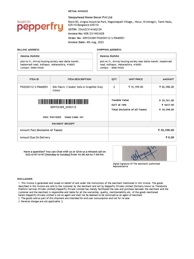 Furniture Invoice For Home Office | PDF | Invoice | Receipt