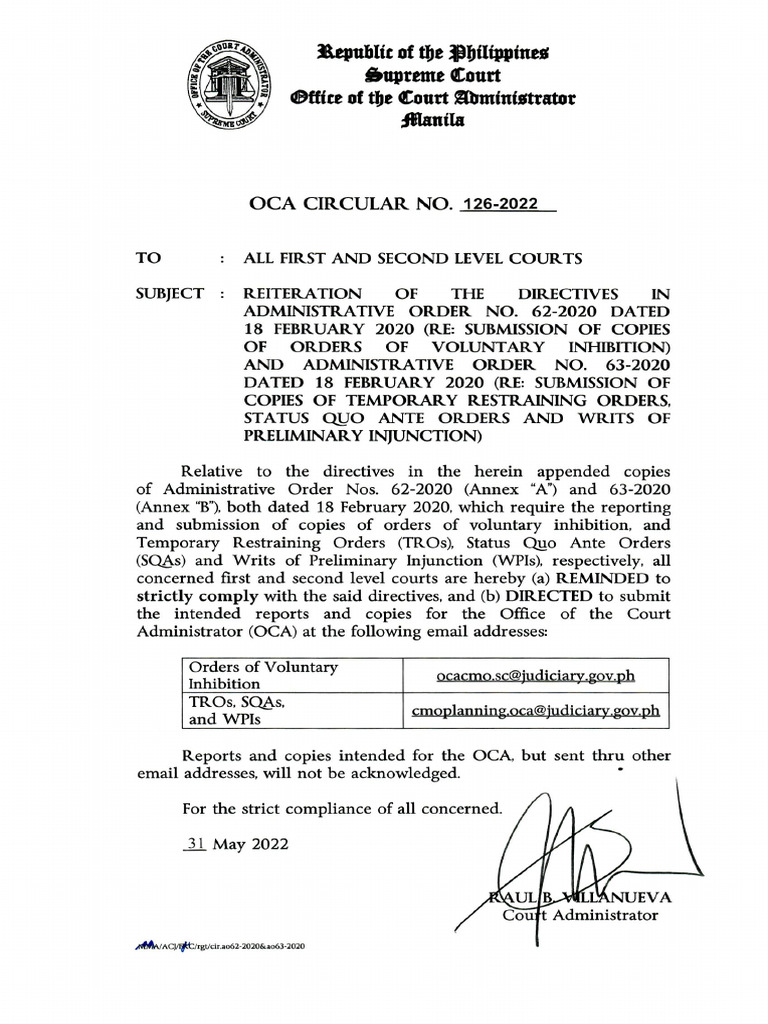 OCA Circular No. 126 2022 | PDF | Injunction | Judge