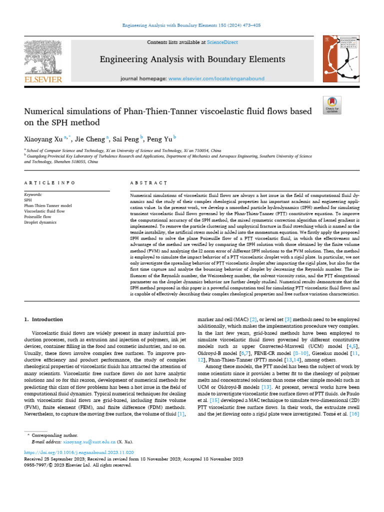 Numerical Simulations of Phan-Thien-Tanner Viscoelastic Fluid Flows Based On The SPH Method ...