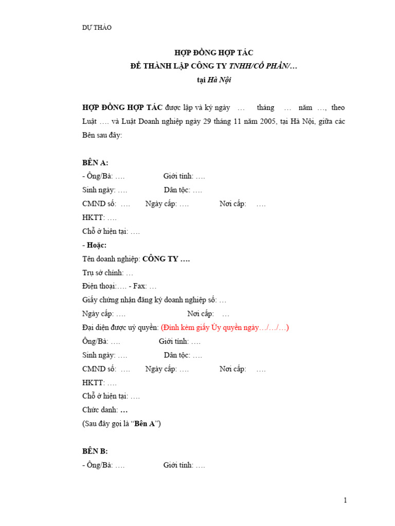Hop dong hop tac_form | PDF