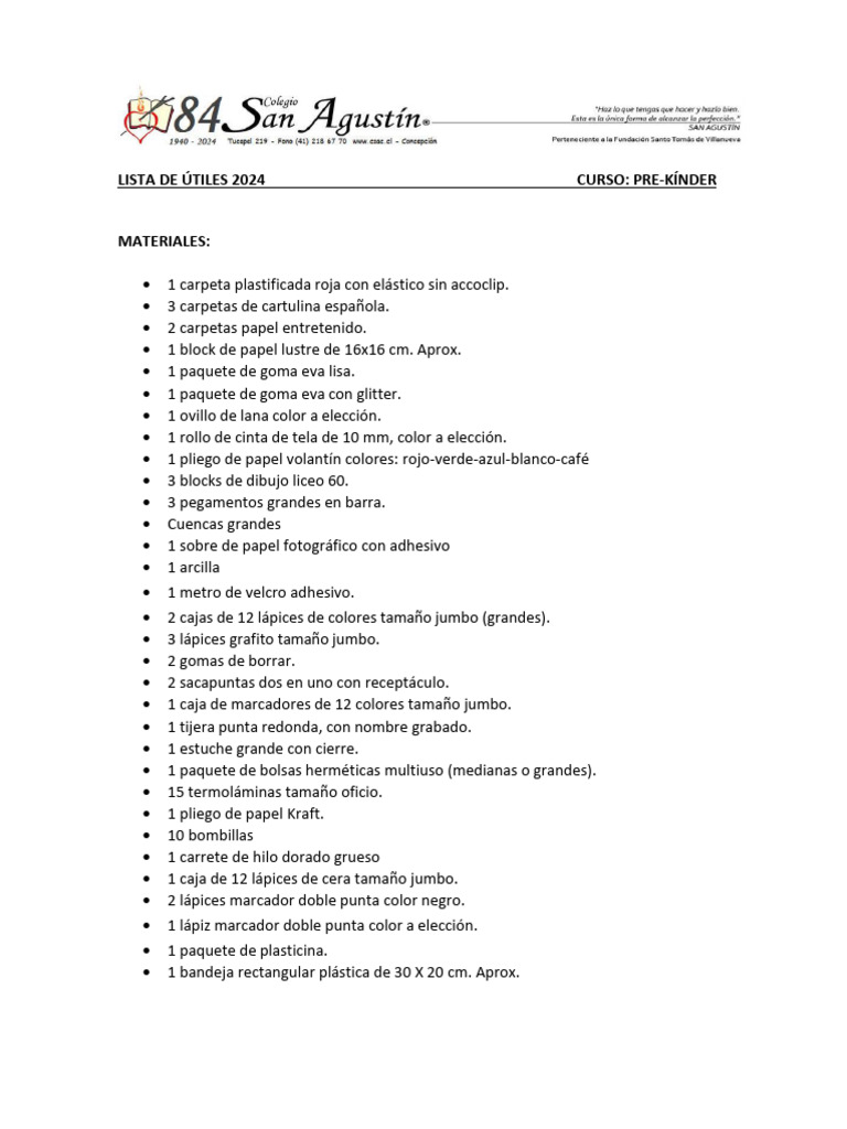 LISTA-DE-UTILES-ESCOLARES-PREKINDER-2024 | PDF | Lápiz | Implementos de ...
