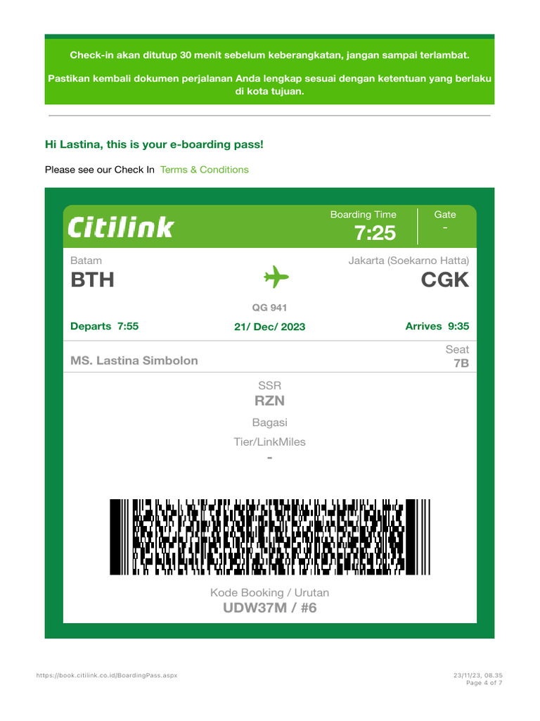 Boarding Pass Citilink | PDF
