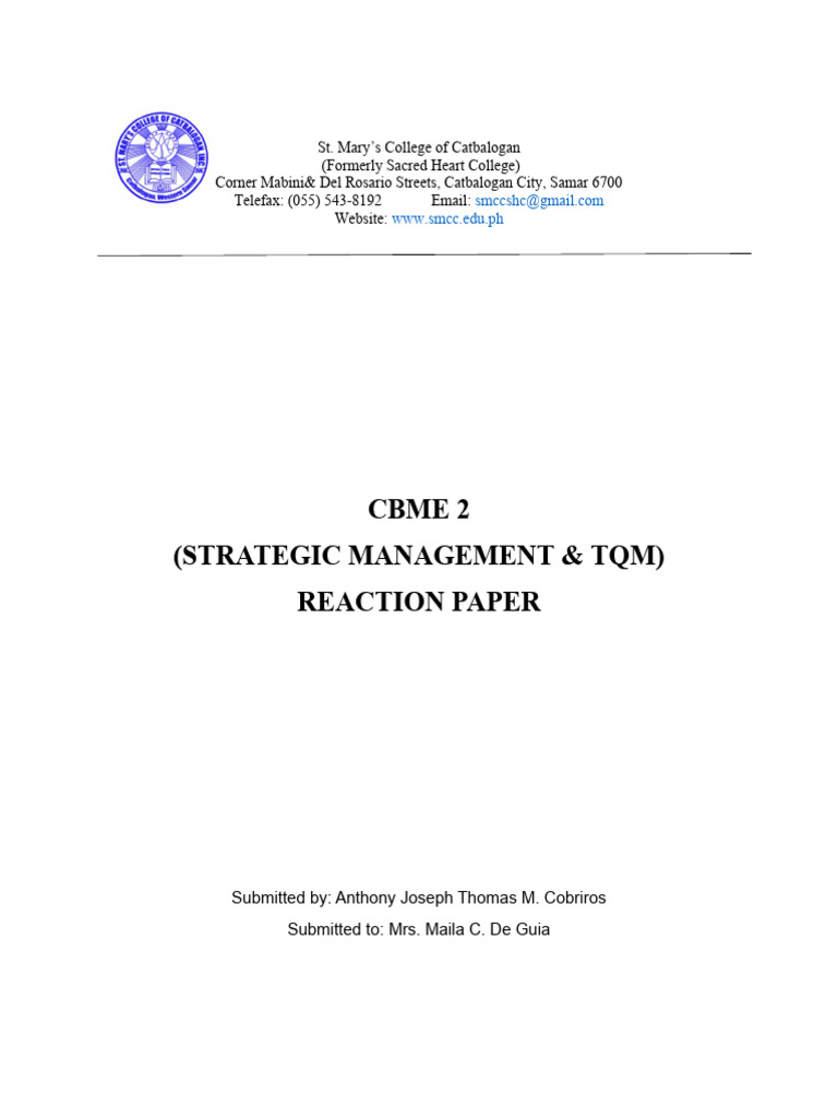 CBME 2 Reaction Paper | PDF | Quality Management | Quality Management System
