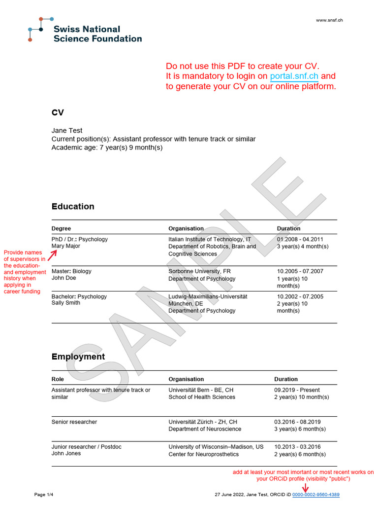 SNSF CV Sample | PDF