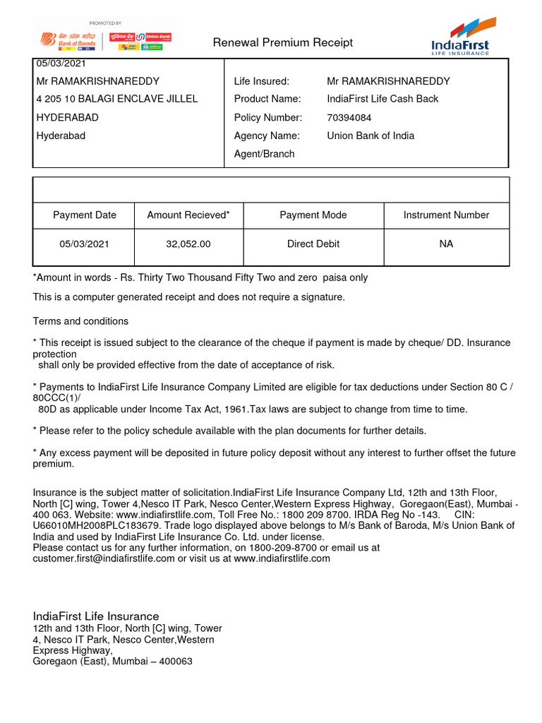 Premium Receipt 1 | PDF