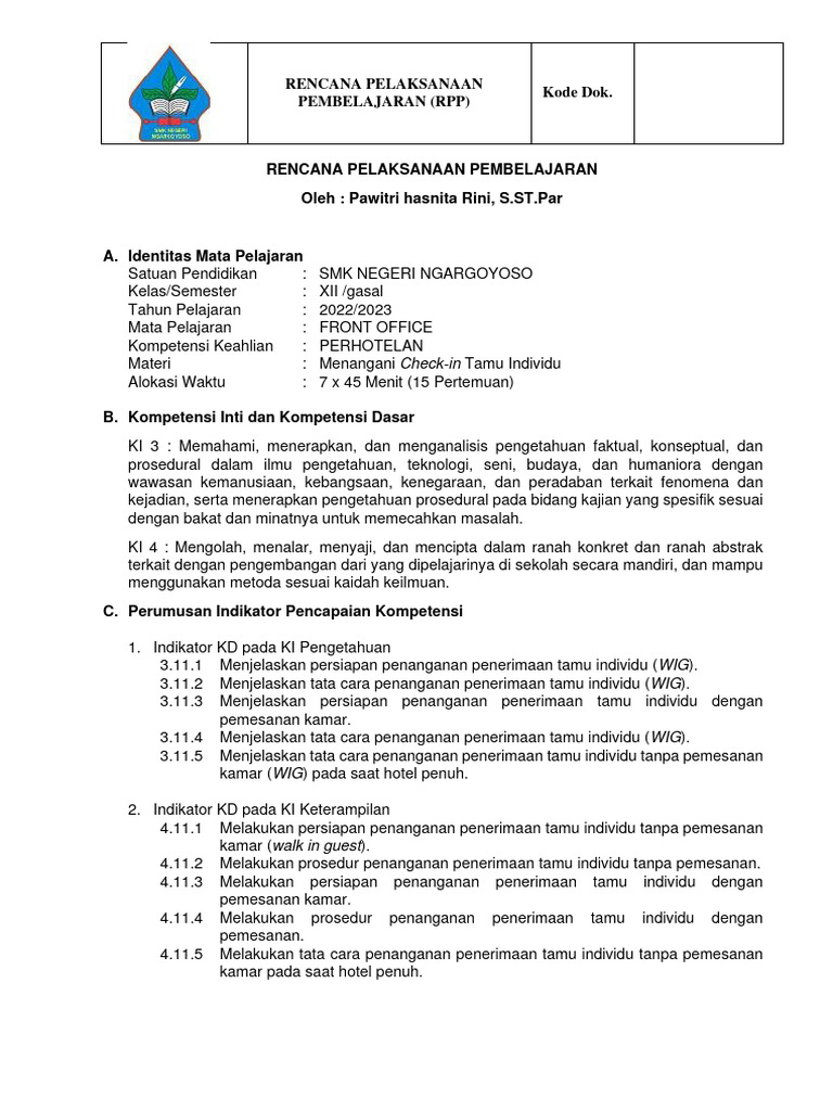 RPP Front Office: Check-in Tamu Individu | PDF