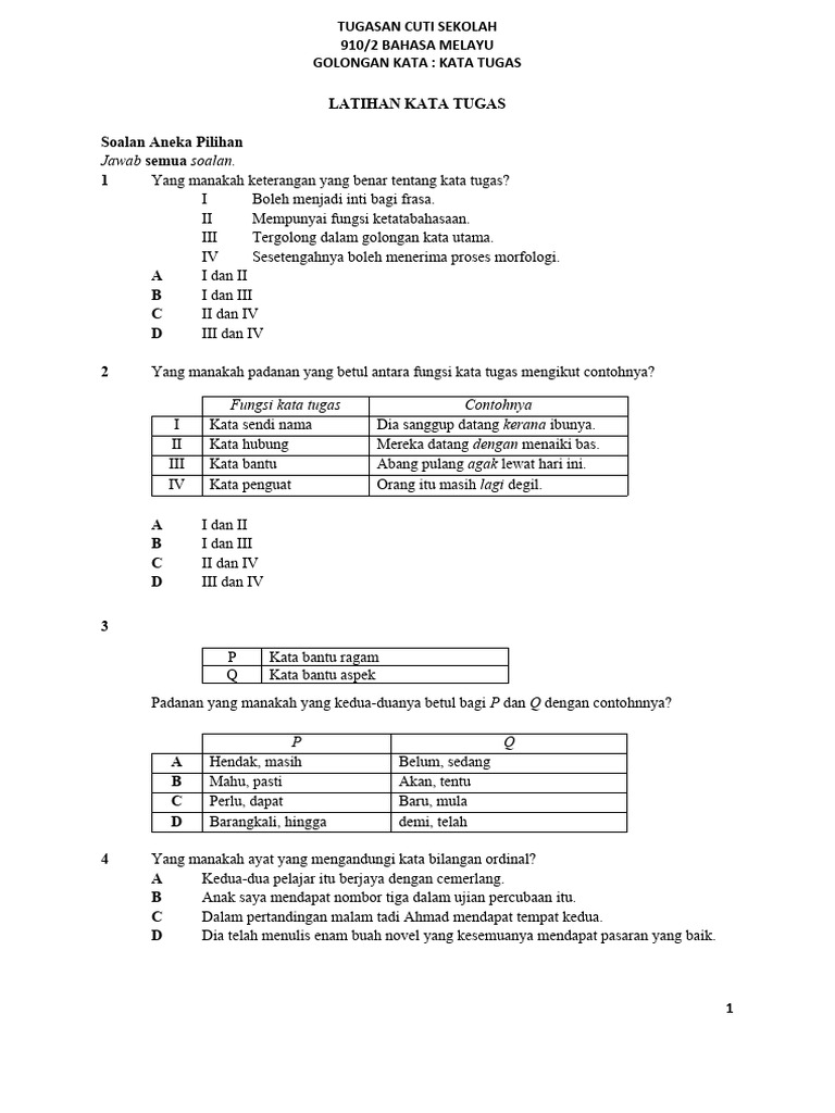 Latihan Kata Tugas Tingkatan 4 | PDF