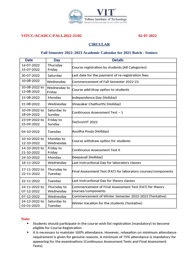 Academic Calendar - Fall 2022-2023 (2021-Seniors) - Revised | PDF ...