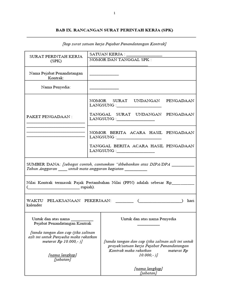 Contoh Form Rancangan SPK Dan SSUK Pengadaan Langsung Barang | PDF