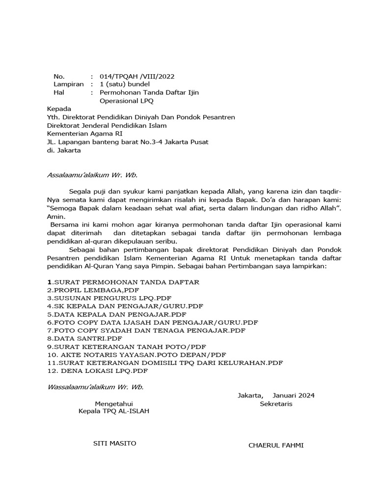 Contoh Surat Dan Propil Pengurus Lpq.. | PDF