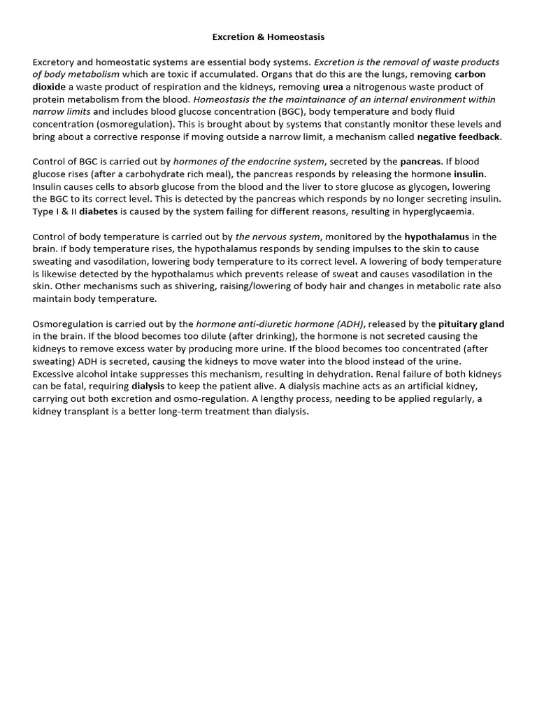 Excretion and Homeostasis Overview | PDF | Homeostasis | Kidney