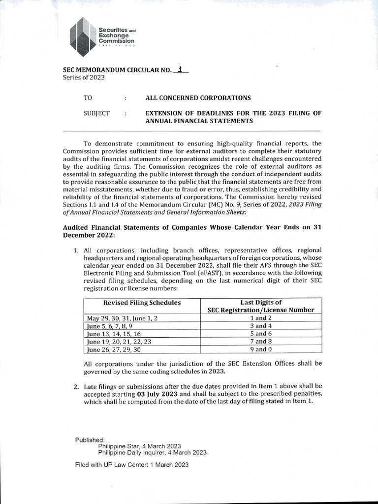 SEC MC No. 01-2023 Extension of Deadline For The 2023 Filing of AFS | PDF