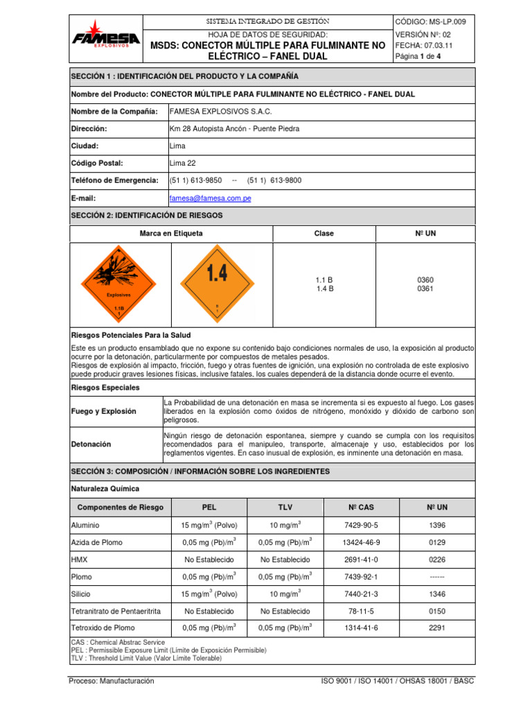 MSDS Conector Múltiple Fanel Dual | PDF | Incendios | Residuos
