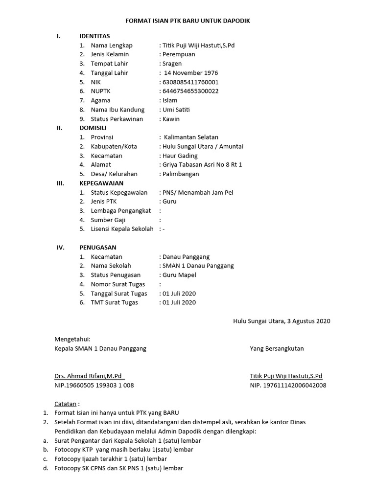 Format Isian PTK Baru Untuk Dapodik | PDF