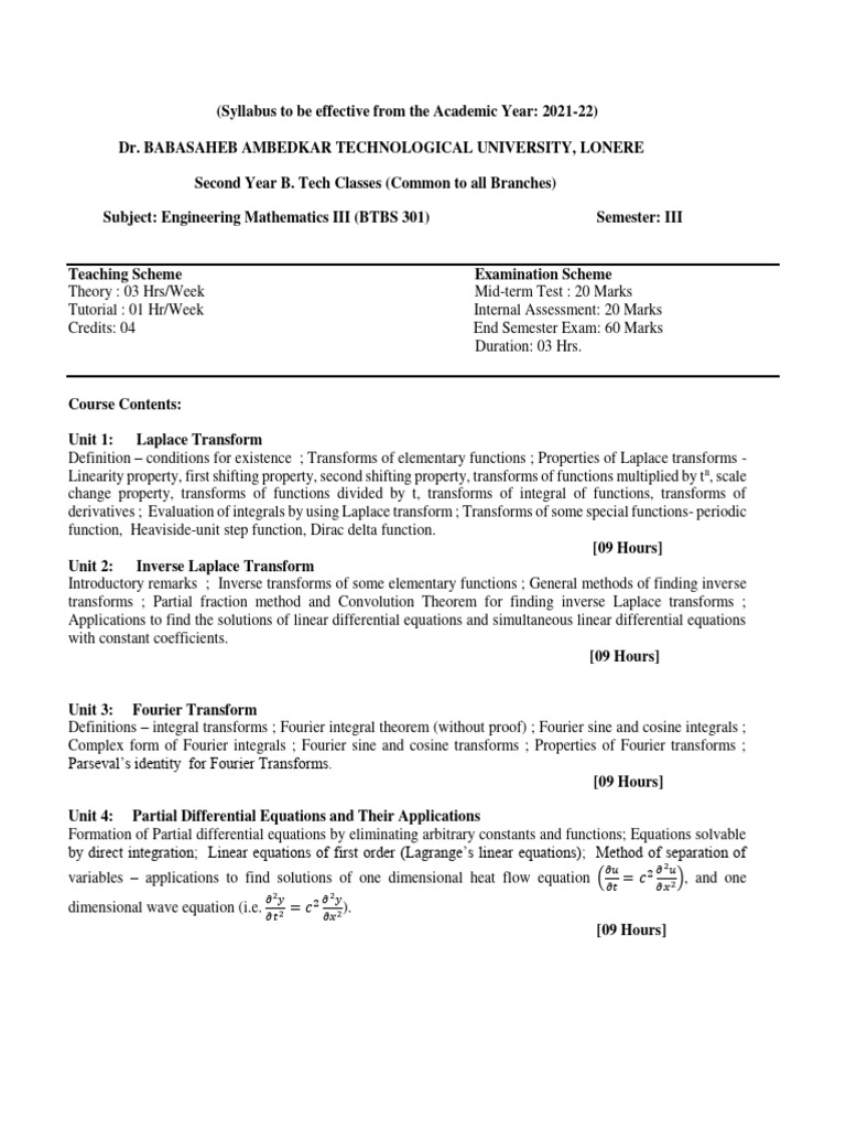 Engineering Math III Syllabus | PDF | Fourier Transform | Laplace Transform