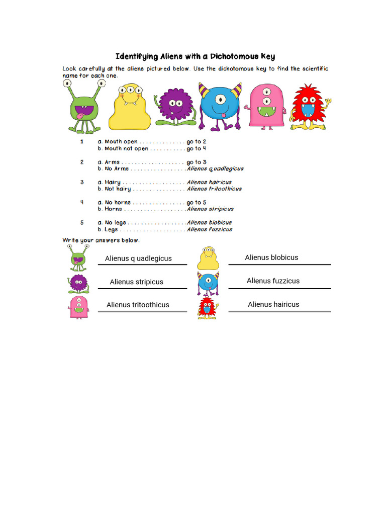 Alien Dichotomous Key Worksheet | PDF