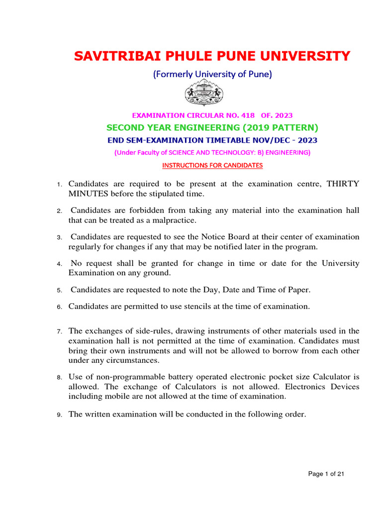 SPPU 2023 Engineering Exam Timetable | PDF | Engineering | Computer ...