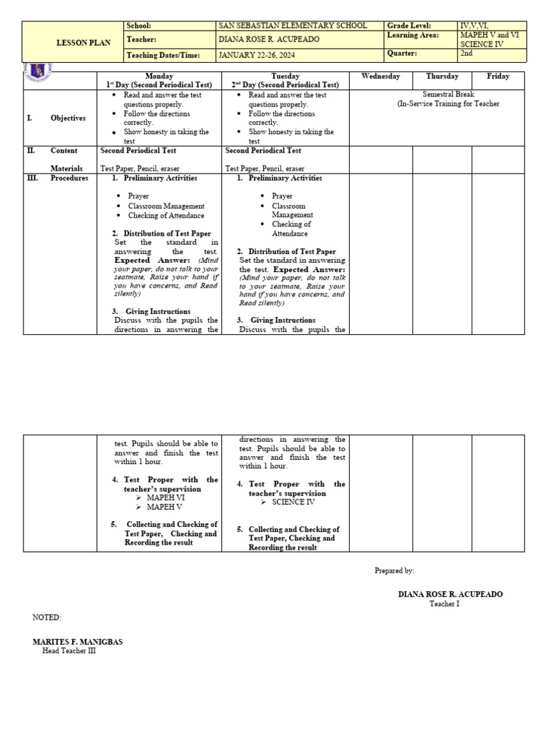 LESSON PLAN For 2nd Periodical Test | PDF | Teachers | Lesson Plan
