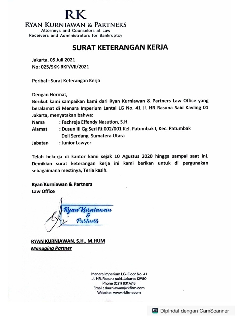Surat Keterangan Kerja Firma Hukum RK | PDF