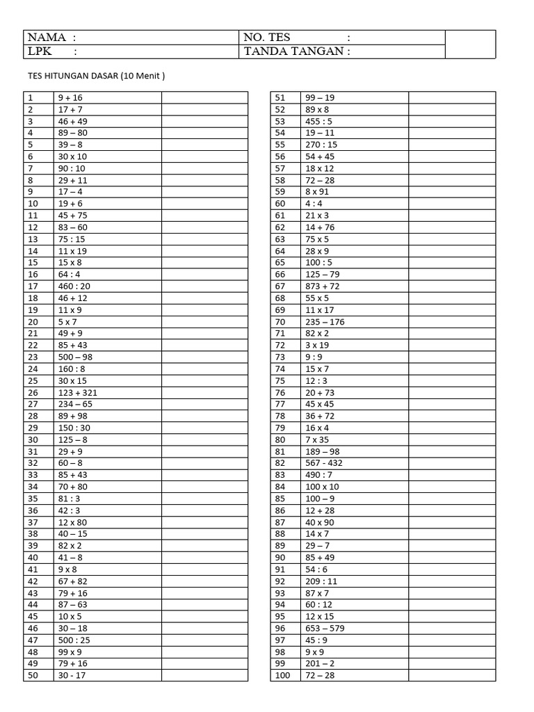 Tes Hitungan Dasar Matematika 100 Soal | PDF | Metode & Bahan Ajar
