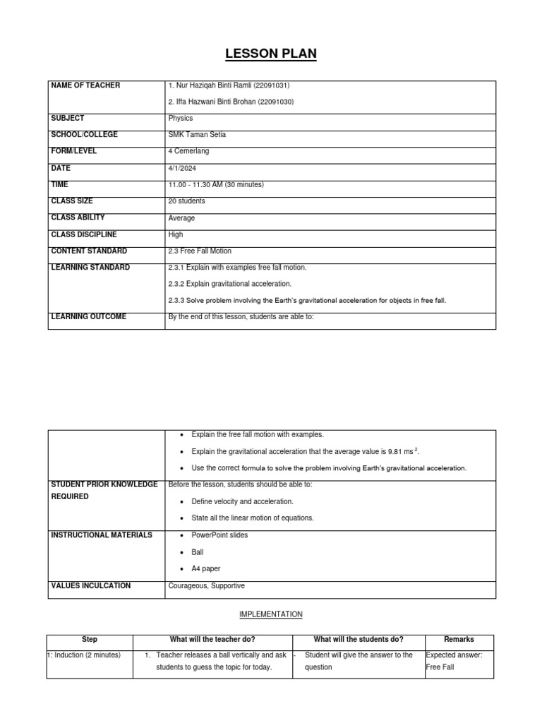 Lesson Plan | PDF | Acceleration | Gravity