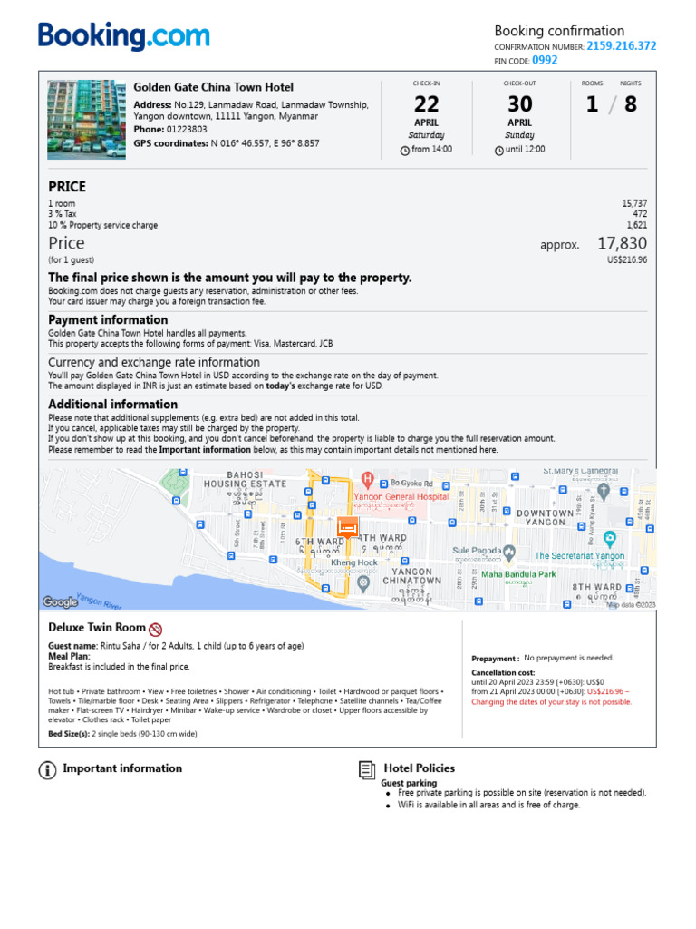 Hotel Booking Confirmation | PDF | Payments | Fee