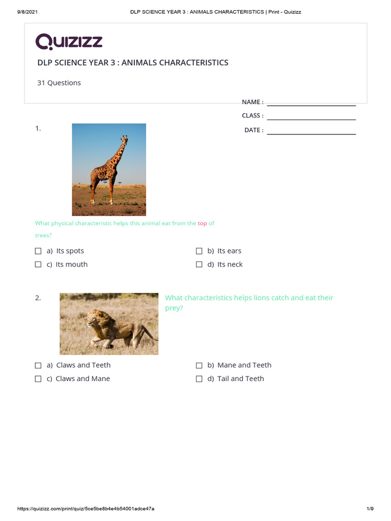 DLP SCIENCE YEAR 3 - ANIMALS CHARACTERISTICS - Print - Quizizz ...