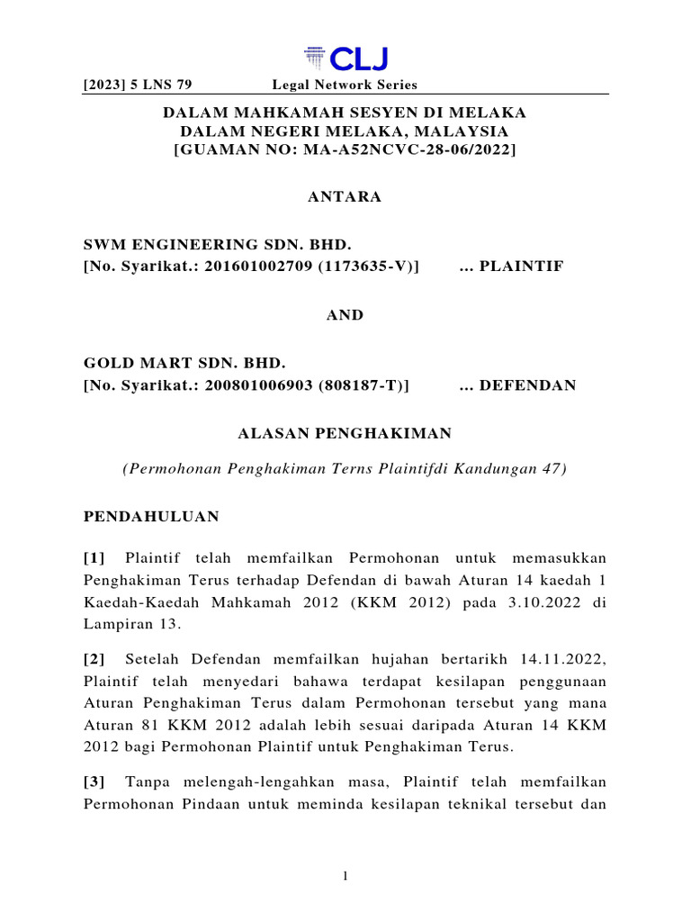 Application of O.81 - SWM Engineering SDN BHD - V - Gold Mart SDN BHD | PDF