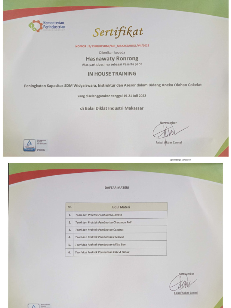 Sertifikat in House Training | PDF