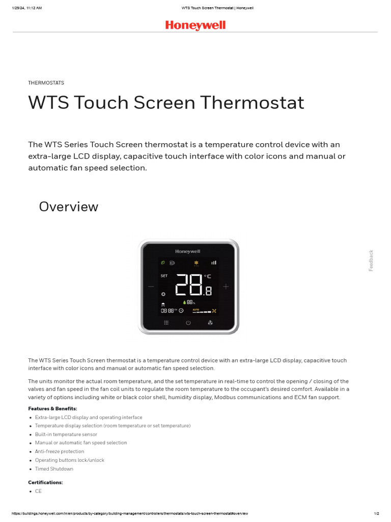 WTS Touch Screen Thermostat - Honeywell | PDF | Thermostat | Touchscreen