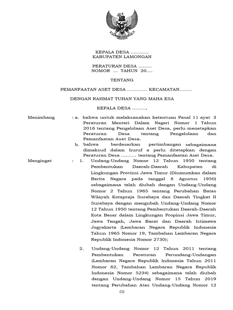 Contoh PERDES Pemanfaatan ASET DESA..... | PDF