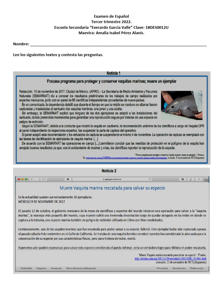 Examen de Español Tercer Trimestre 2022 | PDF