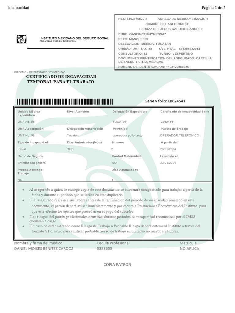 Certificado de Incapacidad Temporal para El Trabajo: Instituto Mexicano Del Seguro Social | PDF