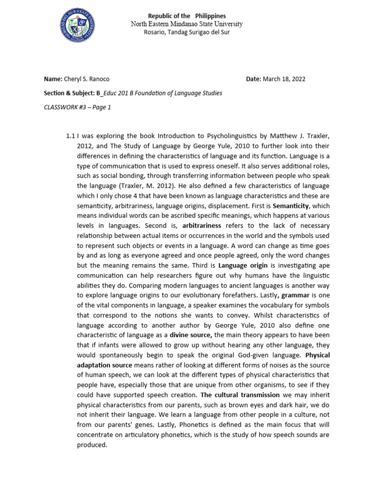 Classwork 3 Characteristics of Language and Functions | PDF ...