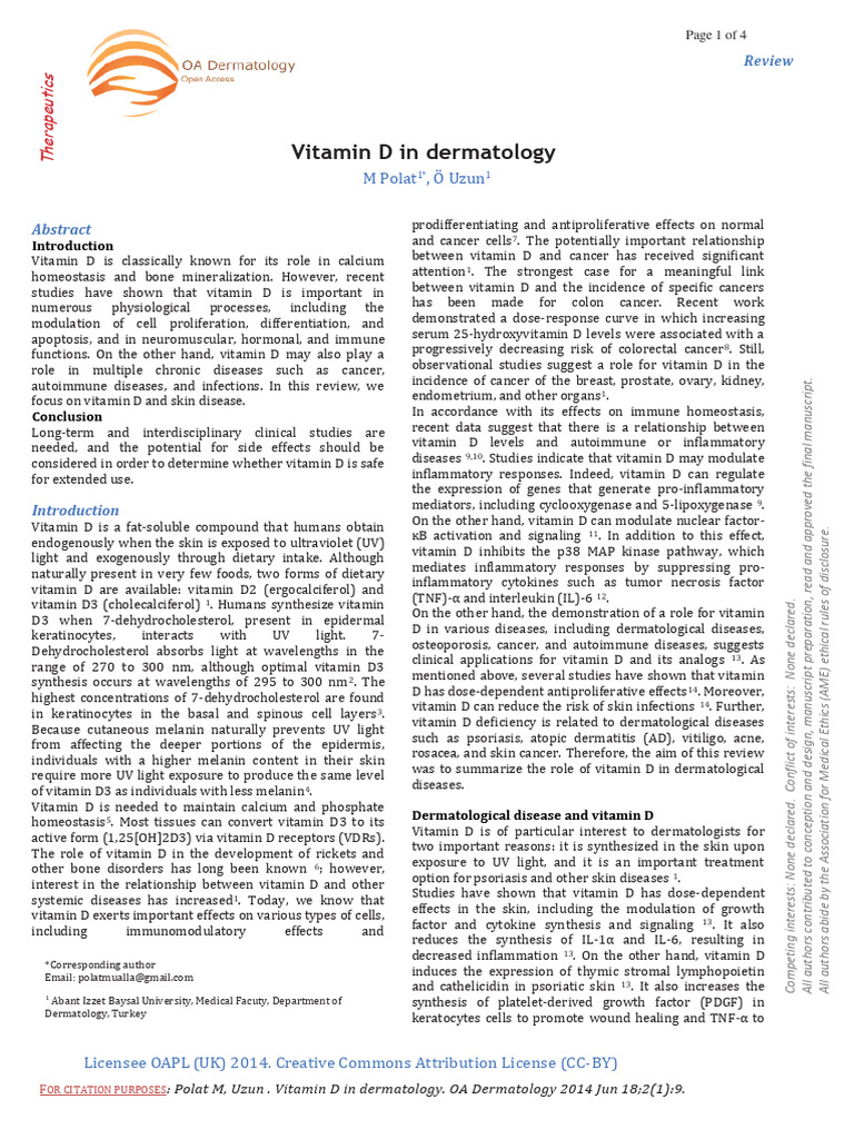 Vitamin D in Dermatology | Download Free PDF | Vitamin D | Psoriasis