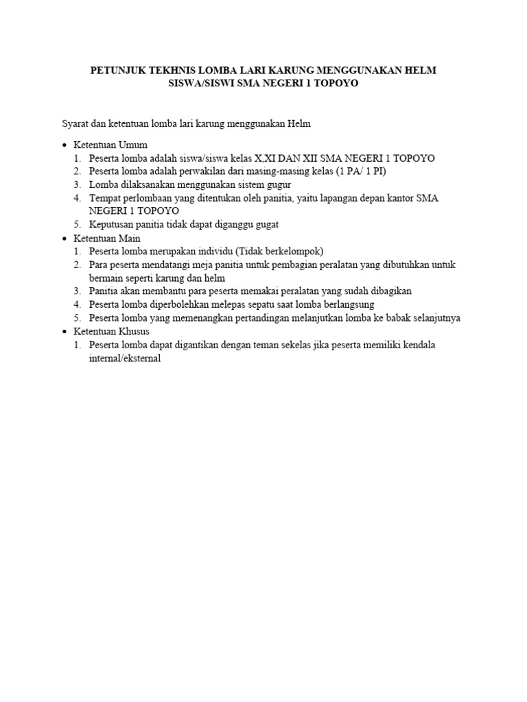 Petunjuk Tekhnis Lomba Lari Karung Menggunakan Helm Siswa | PDF
